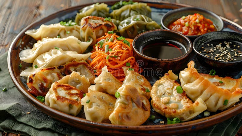 Plate of Assorted Dumplings with Dipping Sauces and Fresh Herbs. this ...