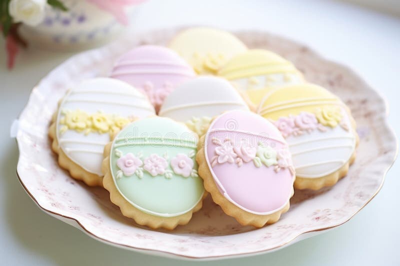 A Plate of Assorted Easter Biscuits with Pastel Icing Stock ...