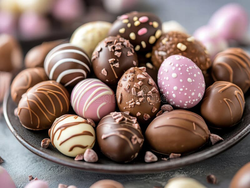 A Plate of Assorted Easter Chocolates with Pink and White Decorations ...