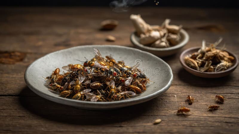 Pile of Roasted Insects on Rustic Wooden Table Stock Illustration ...