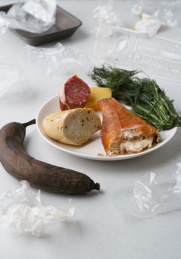 Plate with Assorted Food Waste, Plastic Wrapping Around it. Zero Waste ...