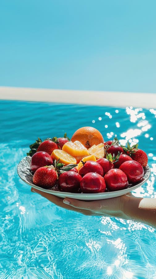 Plate of Assorted Fresh Fruit on a Table beside a Swimming Pool in a ...