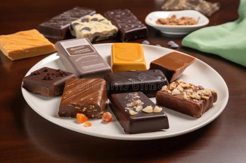 Plate of Assorted Gourmet Chocolate Bars, Each Bar with Unique Flavor ...