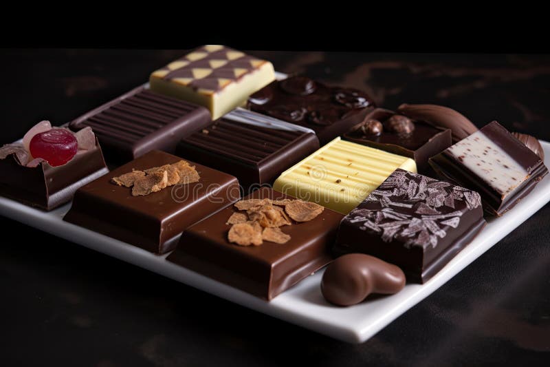 Plate of Assorted Gourmet Chocolate Bars, Each Bar with Unique Flavor ...