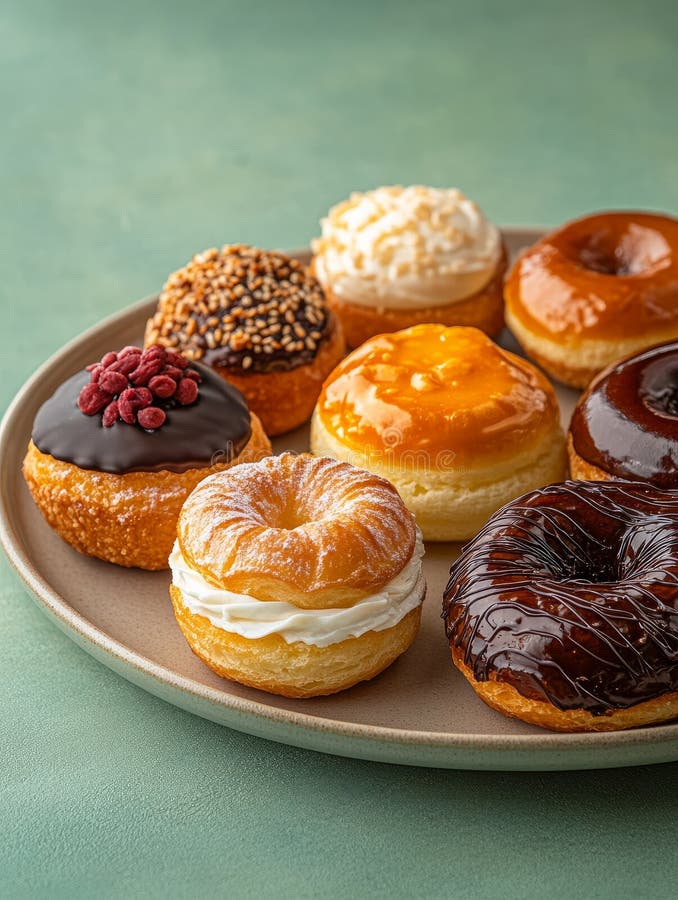 Plate of Assorted Gourmet Donuts with Various Toppings. Stock Photo ...