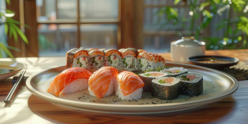 A Plate of Assorted Sushi Sits on a Wooden Table, Awaiting a Hungry ...