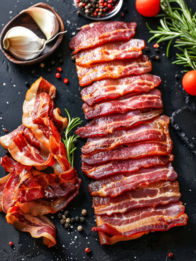 Plate of Bacon with a Few Sprigs of Rosemary and Pepper. Stock Image ...