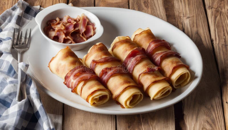 A Plate of Bacon Wrapped Crepes with a Small Bowl of Bacon Bits Stock ...