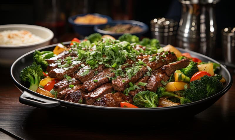 Plate of Beef Stir Fry and Vegetables on Table Stock Photo - Image of ...