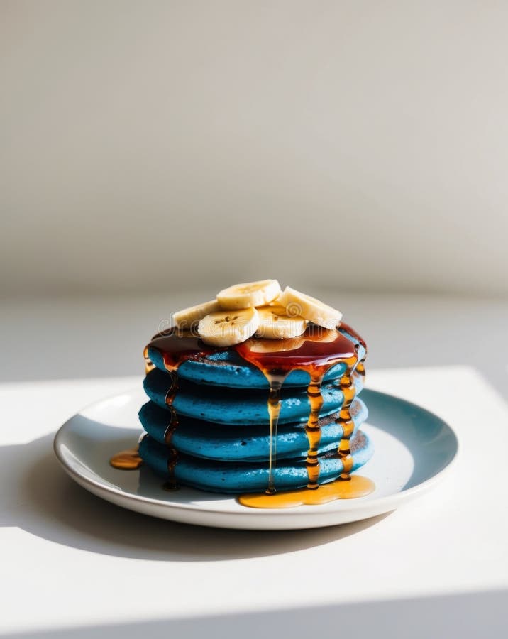 A Plate of Blue Pancakes Topped with Sliced Bananas and Syrup. Stock ...