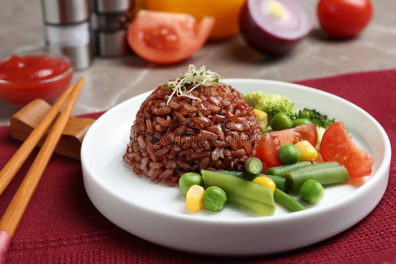 Plate of Boiled Brown Rice with Vegetables Served Stock Image - Image ...