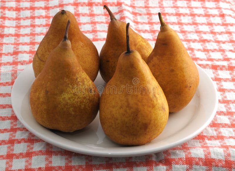 Plate with bosc pears stock image. Image of ripe, tablecloth - 6860463