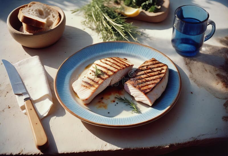 A plate with bread, fish stock illustration. Illustration of recipe ...