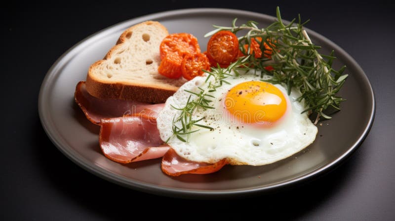 A Plate of a Breakfast with Eggs, Ham and Bread, AI Stock Photo - Image ...