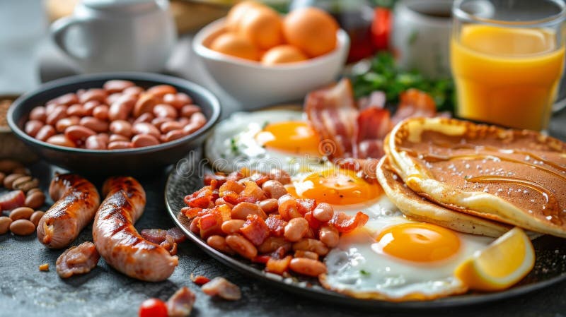 Plate of Breakfast Food with Eggs, Bacon, and Pancakes Stock Image ...