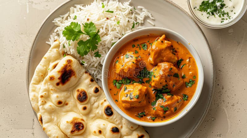 A Plate of Butter Chicken with Rice and Naan Bread. Stock Image - Image ...