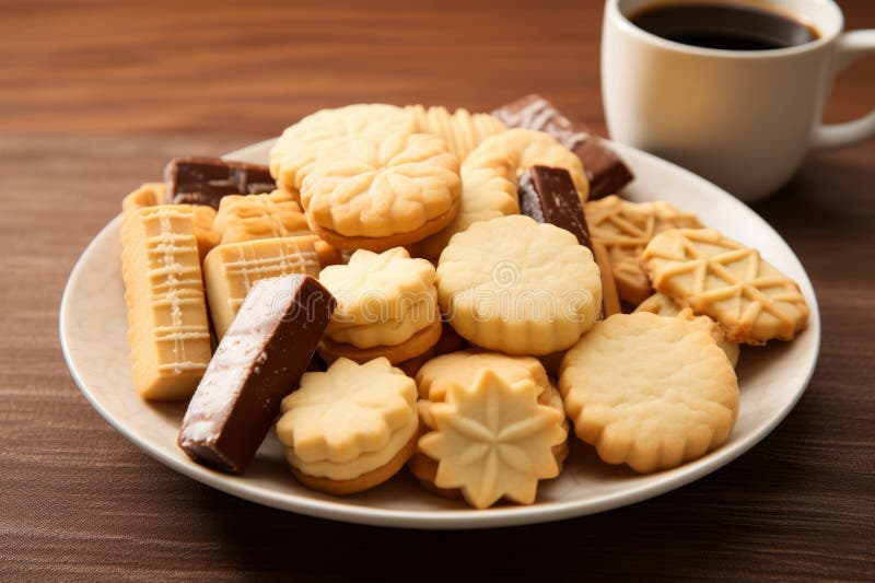 A Plate of Buttery Shortbread Cookies in Various Shapes Stock ...