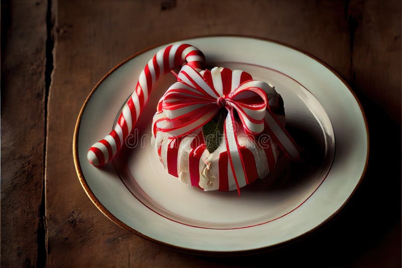 A Plate with a Candy Cane on it and a Candy Roll on it with a Bow on ...