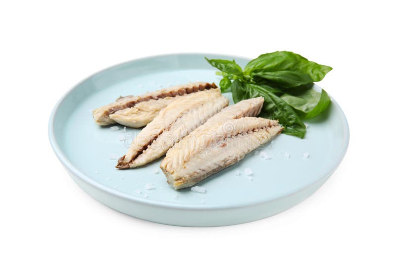 Plate with Canned Mackerel Fillets and Basil Isolated on White Stock ...