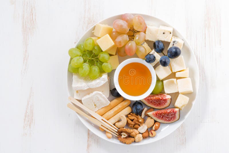 Plate of Cheese, Fruit and Snacks, Top View Stock Image - Image of mold ...