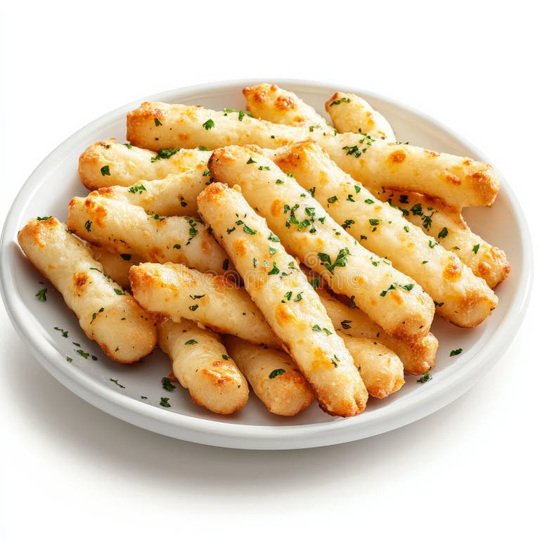 A Plate of Cheesy Garlic Breadsticks, Isolated on a White Background ...