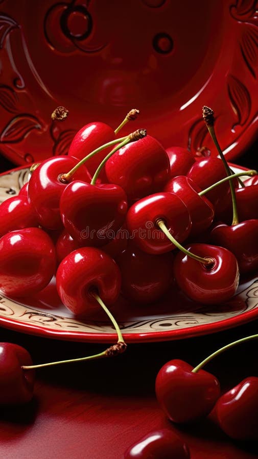A Plate of Cherries on a Red Table, AI Stock Illustration ...