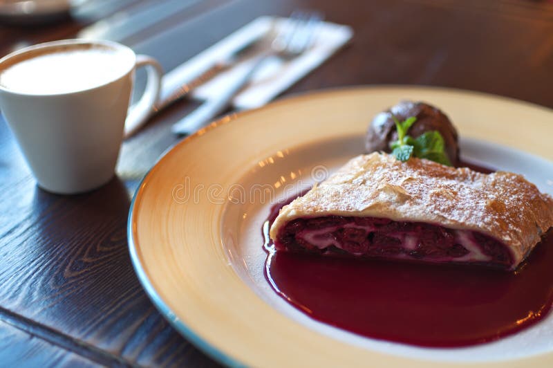 Plate of Cherry Strudel and Cup of Coffee Stock Image - Image of fork ...