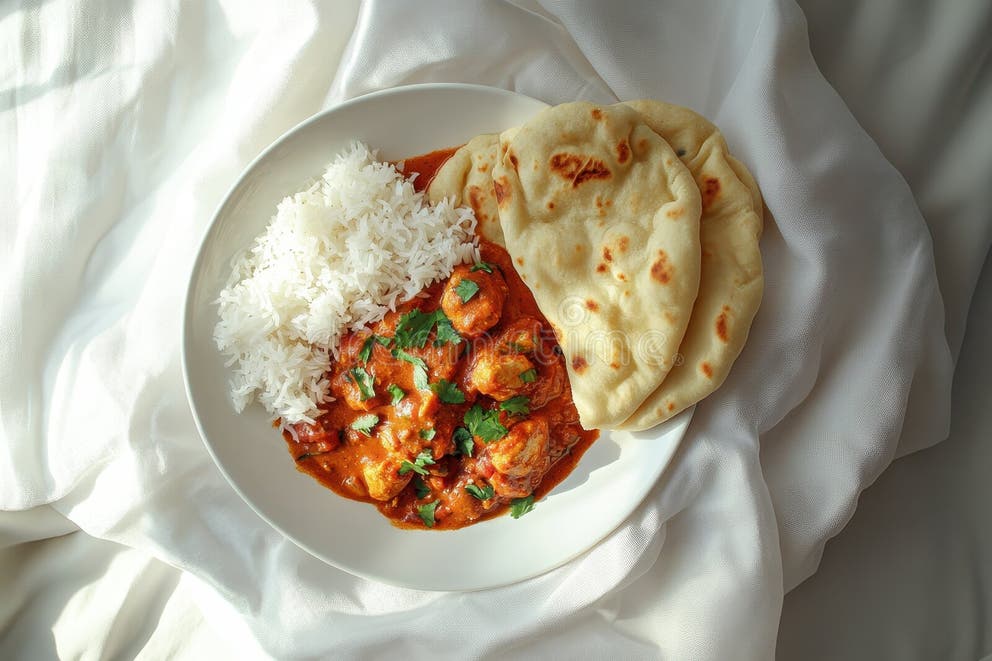 A Plate of Chicken Curry with Rice and Naan on a Soft, White Fabric ...