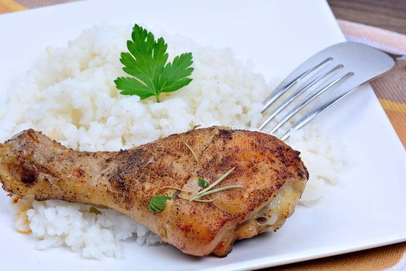 Plate with Chicken Leg and Rice Stock Image - Image of edible, rosemary ...