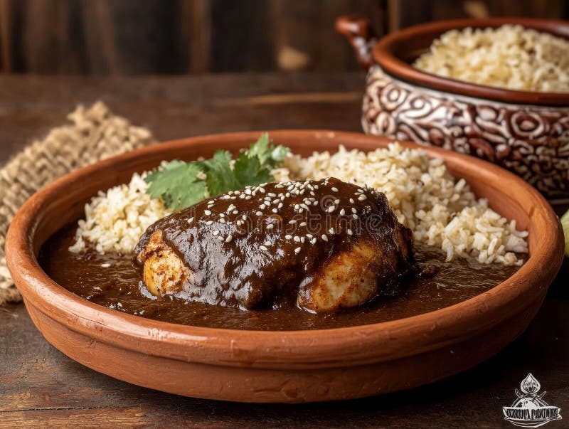 A Plate of Chicken with Mole Sauce Served Alongside Rice and Garnished ...