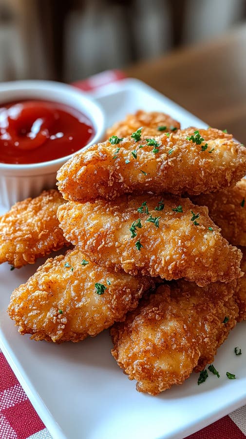Plate of Chicken Nuggets with a Red Ketchup Dipping Sauce. Stock Photo ...