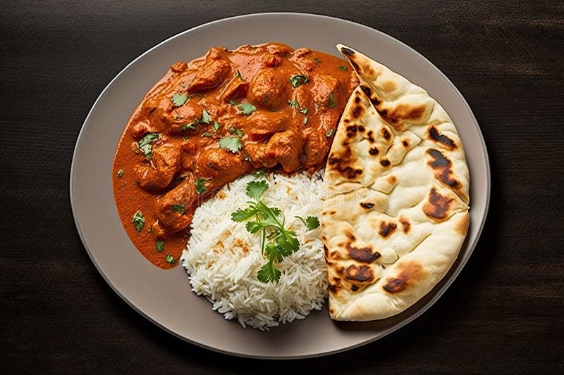 Plate of Chicken Tikka Masala with Basmati Rice and Naan Bread Stock ...
