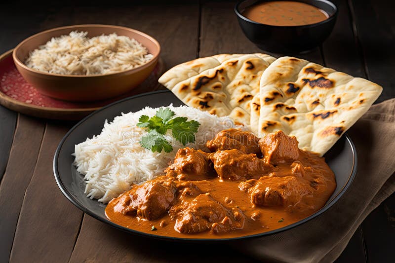 Plate of Chicken Tikka Masala, with Rice and Naan on the Side Stock ...