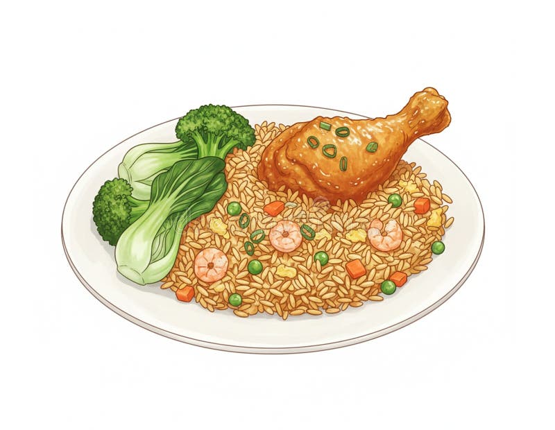 A Plate of Chinese Fried Rice with a Chicken Drumstick Shrimps and ...