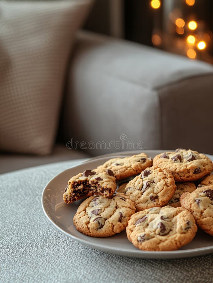 Plate of Chocolate Chip Cookies on a Table. Stock Photo - Image of ...