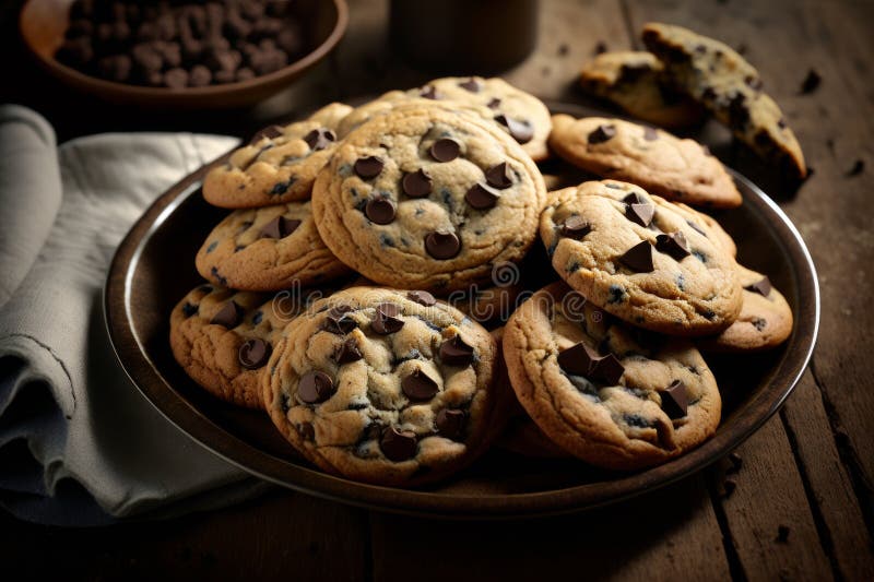 Plate of Chocolate Chip Cookies on Wooden Table. Generative AI Stock ...