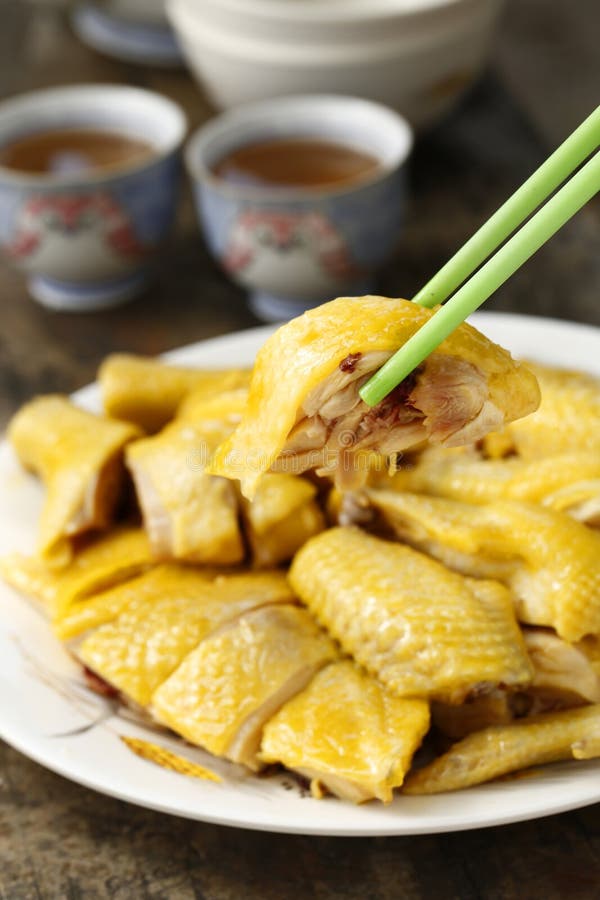 Plate of Chopped Steamed Chicken on Chopsticks Stock Photo - Image of ...