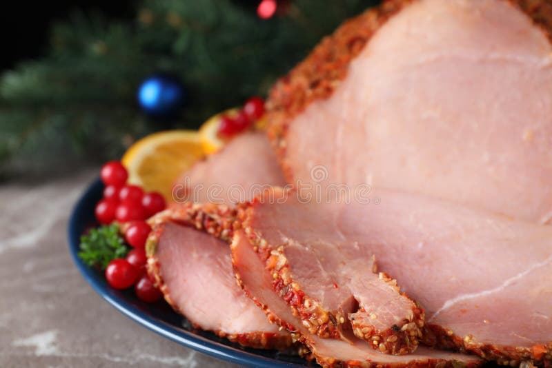 Plate with Christmas Ham on Grey Table Stock Image - Image of closeup ...