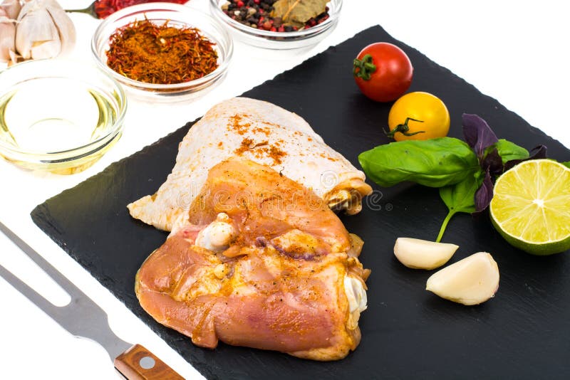 Plate with Chunks of Fresh Chicken and Seasonings Stock Photo - Image ...