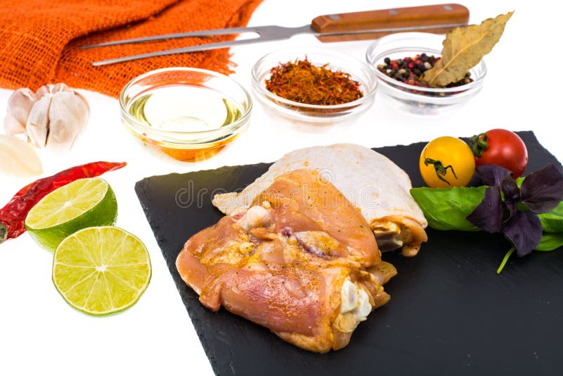 Plate with Chunks of Fresh Chicken and Seasonings Stock Photo - Image ...