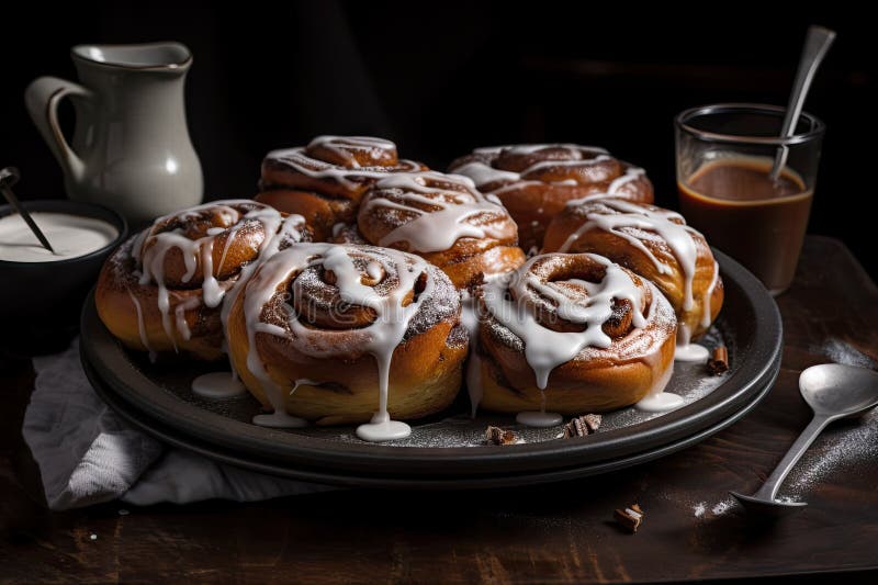 Plate of Cinnamon Buns, Dusted with Powdered Sugar and Drizzled with ...