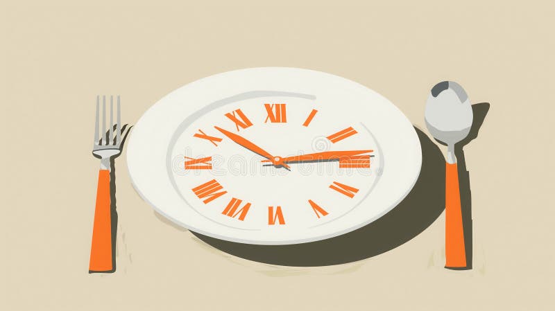 Plate with Clock Face, Fork and Spoon Stock Illustration - Illustration ...