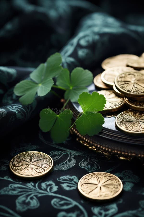 A Plate with Coins and a Clover Leaf on it, AI Stock Illustration ...