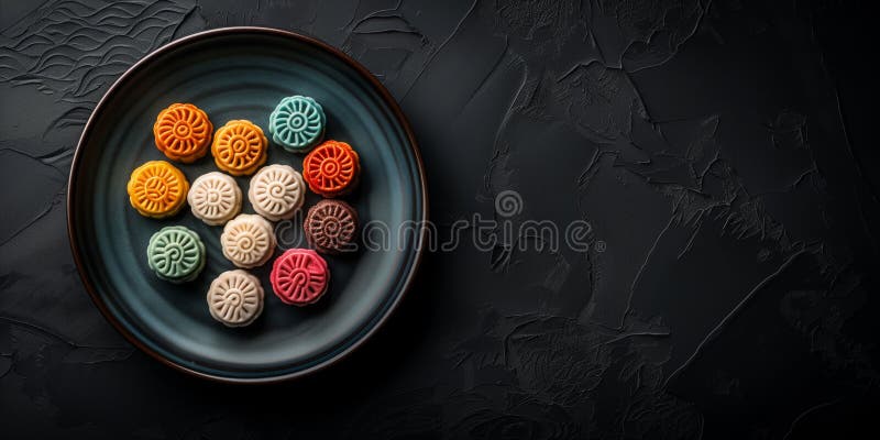 A Plate of Colorful Mooncakes on a Dark Background Stock Illustration ...