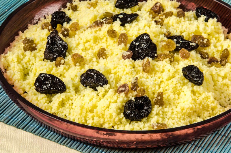 Plate with Cooked Couscous with Raisins and Prunes Stock Photo - Image ...
