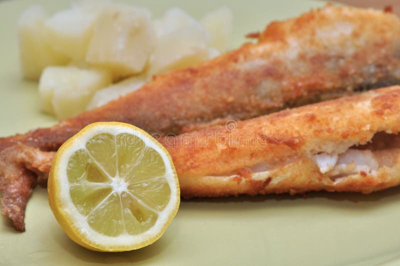 Fried fish with lemon. stock photo. Image of hake, potato - 144130786