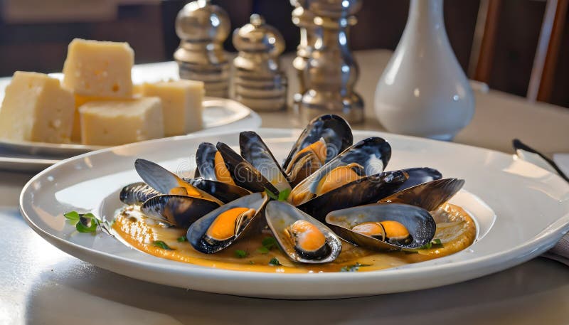 Plate of Cooked and Shelled Mussels on a Restaurant Table. Portion of ...