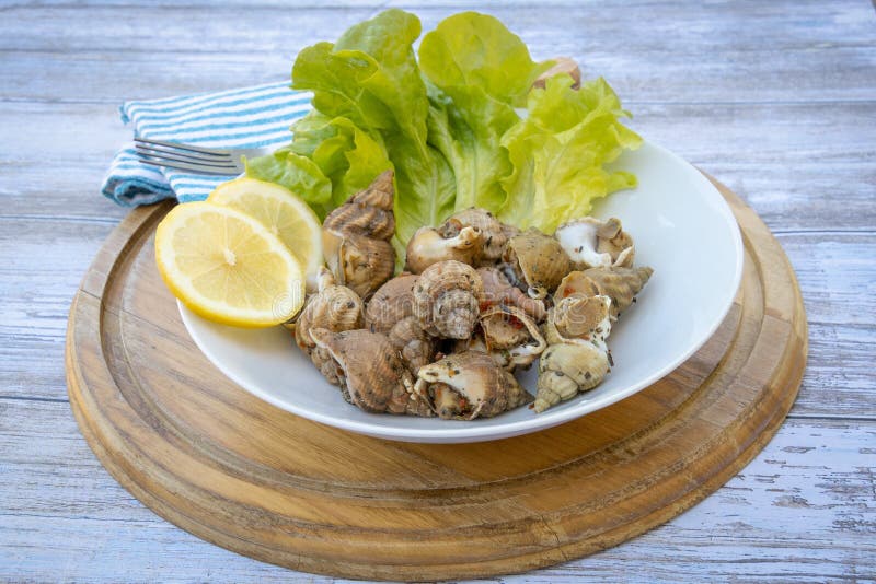 Of Cooked Whelks on a Plate with Salad and Lemon Stock Image - Image of ...