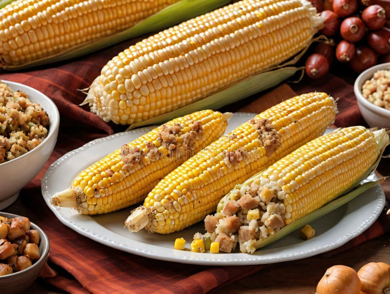 A Plate of Corn with a Bowl of Potatoes and Onions. Generative AI Stock ...