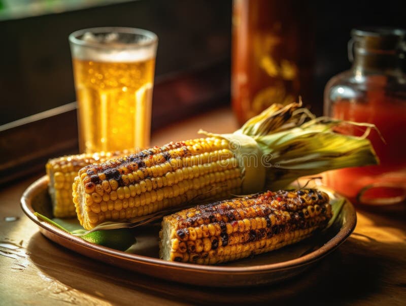 A Plate of Corn and a Glass of Beer. Generative AI Image. Stock Photo ...